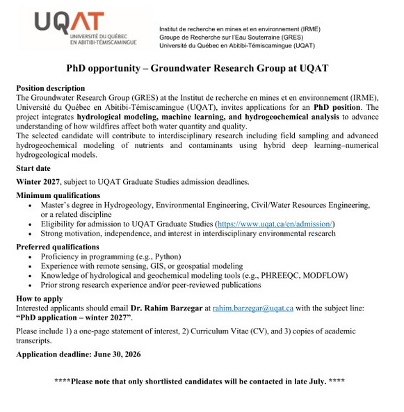 PhD Funded Position in Groundwater in Canada